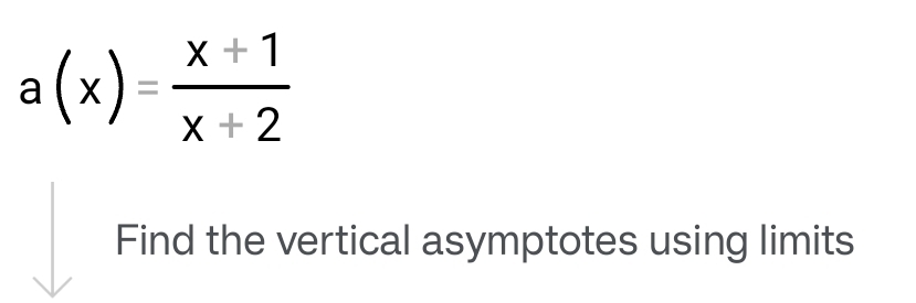 Solved: a(x)= (x+1)/x+2 Find the vertical asymptotes using limits [Math]