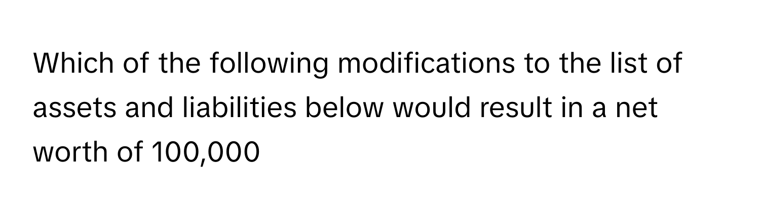 Solved: Which of the following modifications to the list of assets and liabilities below would ...