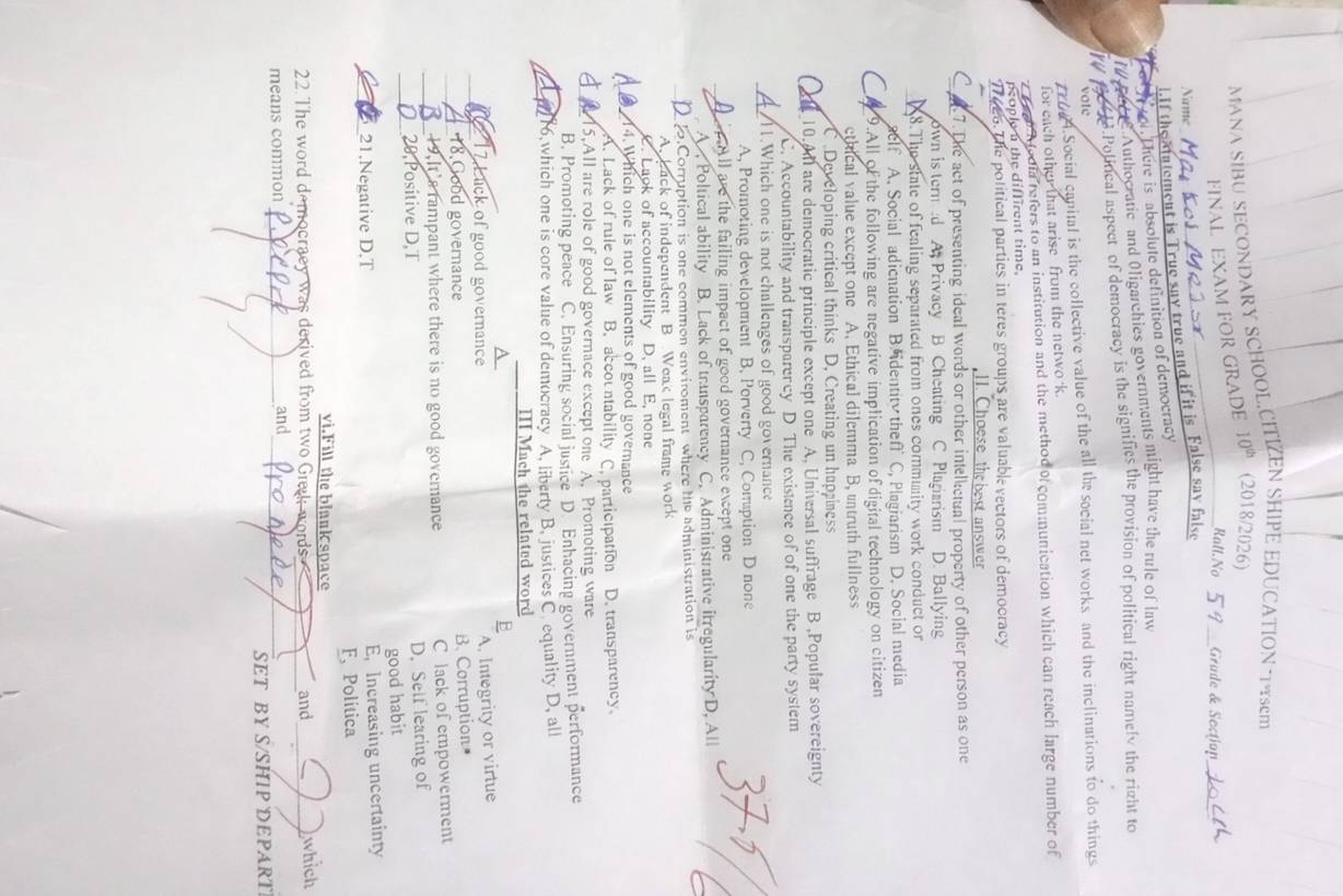 Solved: MANA SIBU SECONDARY SCHOOL.CITIZEN SHIPE EDUCATION Tscm FINAL ...