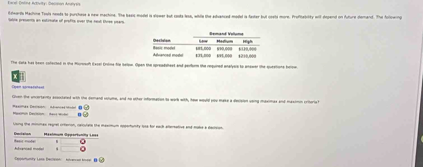 Solved: Excel Online Activity: Decision Analysis Edwards Machine Tools ...