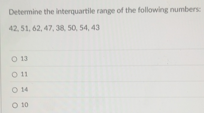 Solved: Determine the interquartile range of the following numbers: 42 ...
