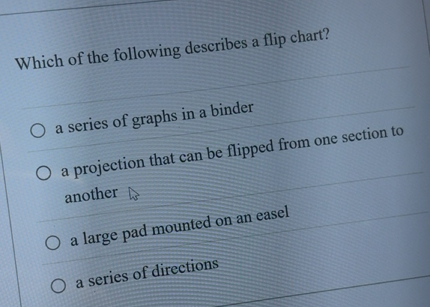 Solved: Which of the following describes a flip chart? a series of ...