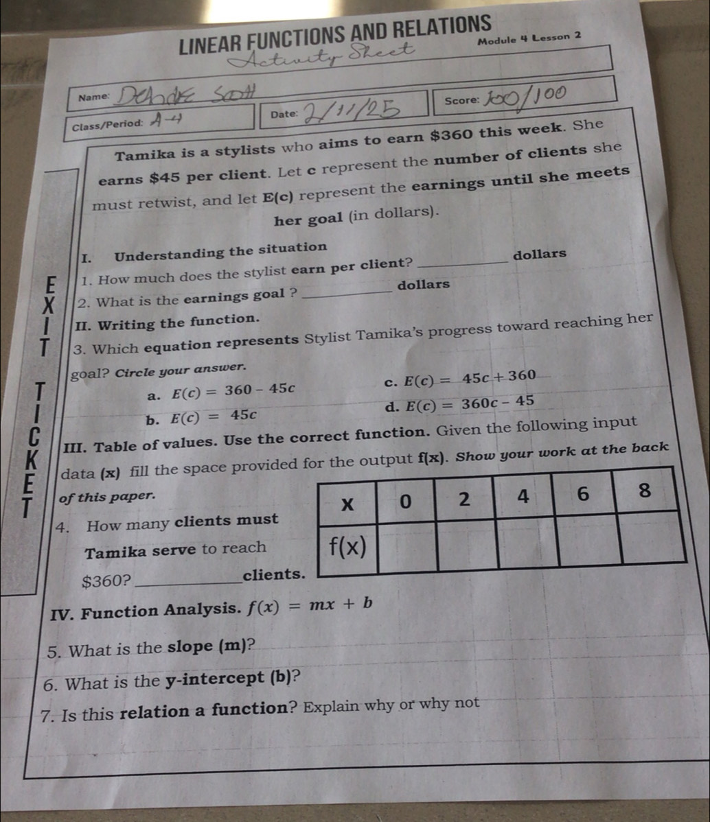 Gelöst:LINEAR FUNCTIONS AND RELATIONS Module 4 Lesson 2 Name: Class ...