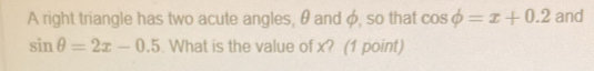 Solved: A right triangle has two acute angles, θ and φ, so that cos phi ...