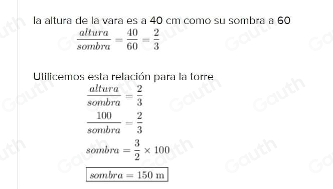 Solved: Una torre mide 100 m de altura. En un determinado momento del día, una vara vertical de ...