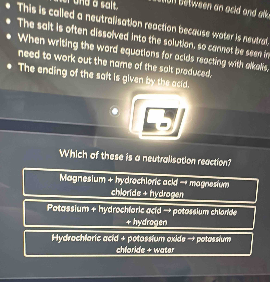 Solved: and a salt, stn etween an acid and alk. This is called a ...