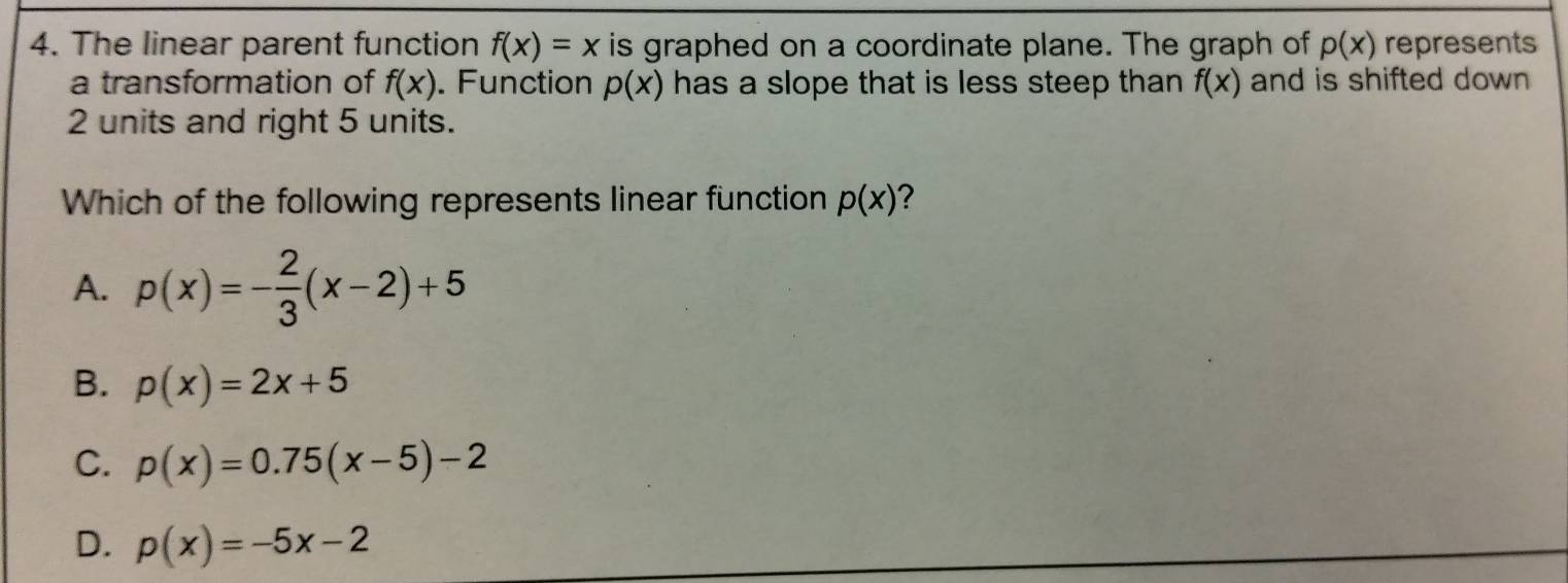 Solved: The linear parent function f(x)=x is graphed on a coordinate ...