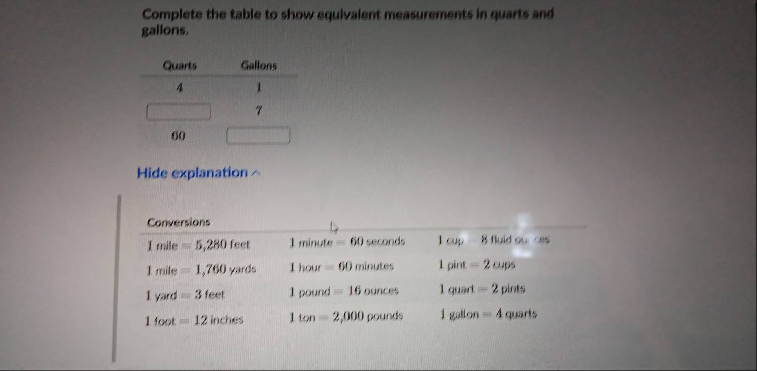 Solved: Complete the table to show equivalent measurements in quarts ...