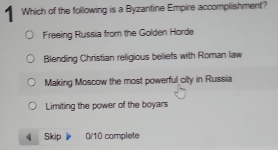 Solved: Which of the following is a Byzantine Empire accomplishment ...