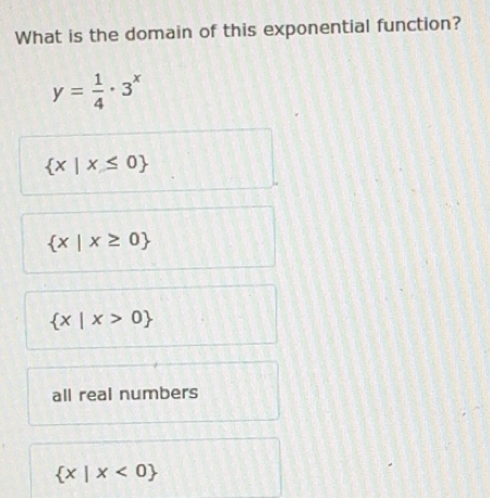 Solved: What is the domain of this exponential function? y= 1/4 · 3^x x ...