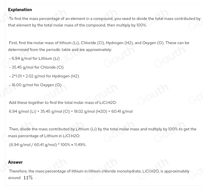 Solved: The mass percentage of lithium in lithium chloride monohydrate ...