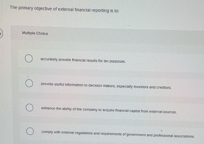 Solved: The primary objective of external financial reporting is to ...