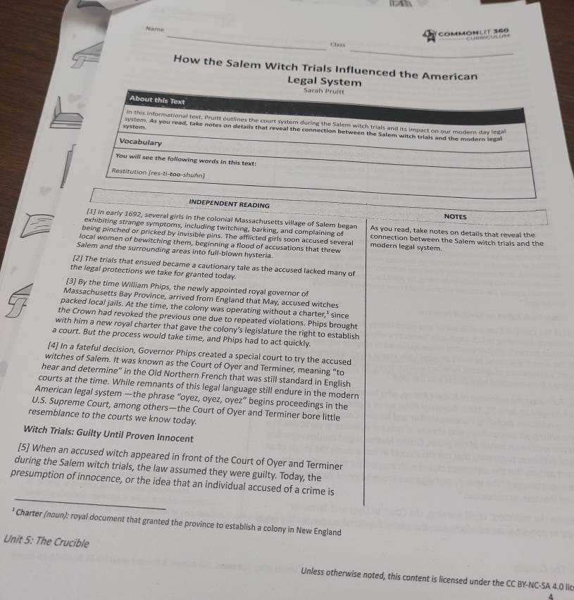 Solved: COMMONLIT 360 _ Name _Class How the Salem Witch Trials ...