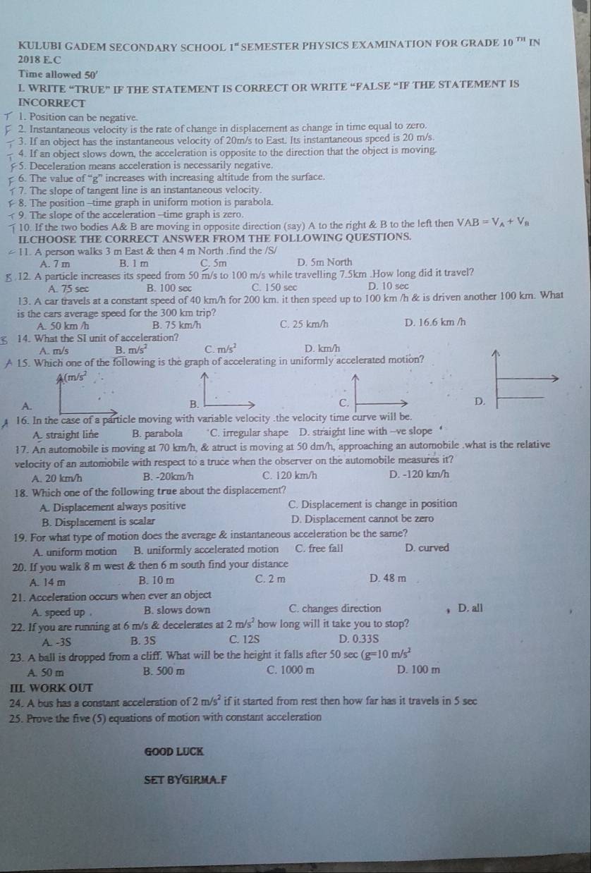 Résolu :KULUBI GADEM SECONDARY SCHOOL 1^(st) SEMESTER PHYSICS ...