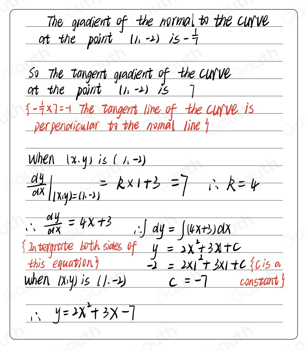 Selesai:A curve is such that dy/dx =kx+3 , where k is a constant. The gradient of the normal to t