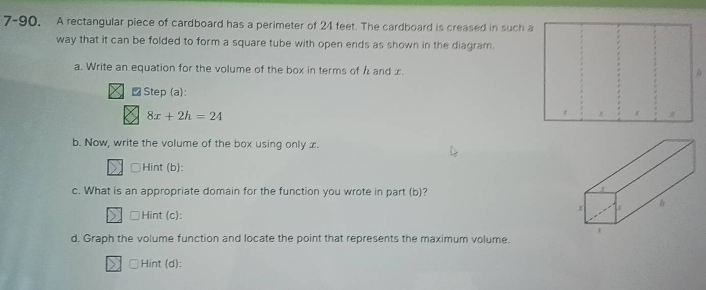 Solved: 7-90. A rectangular piece of cardboard has a perimeter of 24 ...