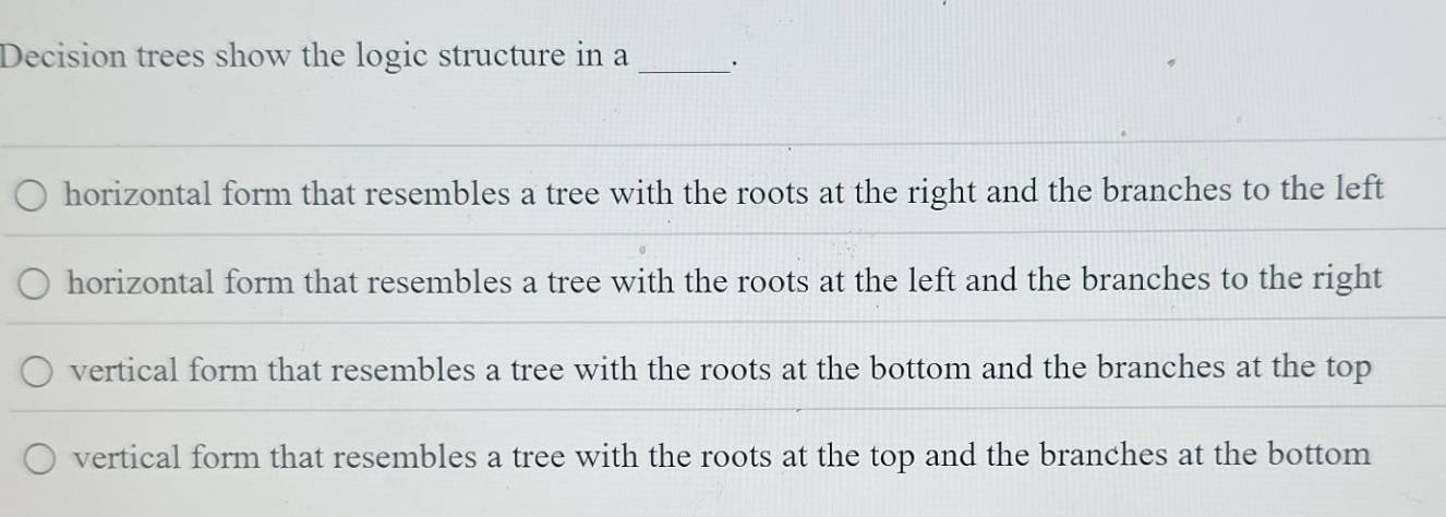 Solved: Decision trees show the logic structure in a _. horizontal form ...
