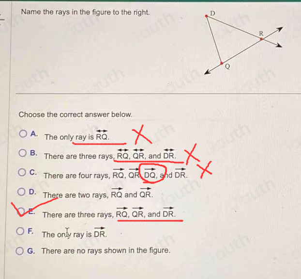 Solved: Name the rays in the figure to the right. Choose the correct ...