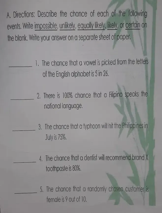 Solved: Directions: Describe the chance of each of the following events ...