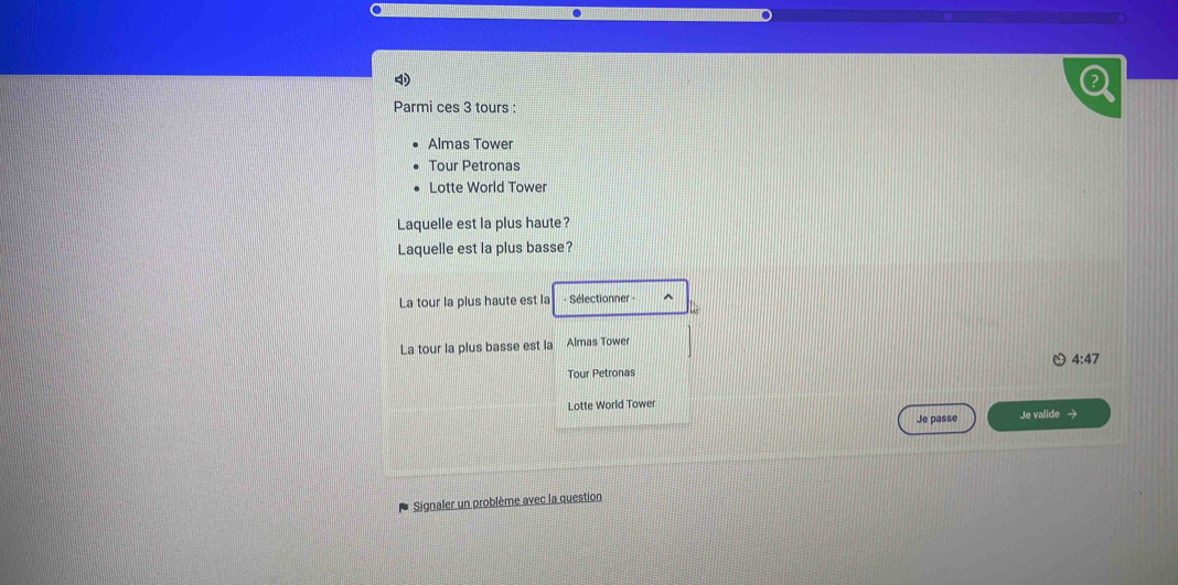 Résolu :Parmi ces 3 tours : Almas Tower Tour Petronas Lotte World Tower Laquelle est la plus h