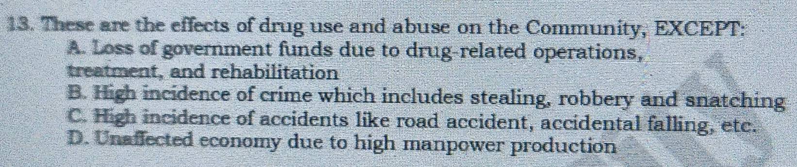 Solved: These are the effects of drug use and abuse on the Community ...