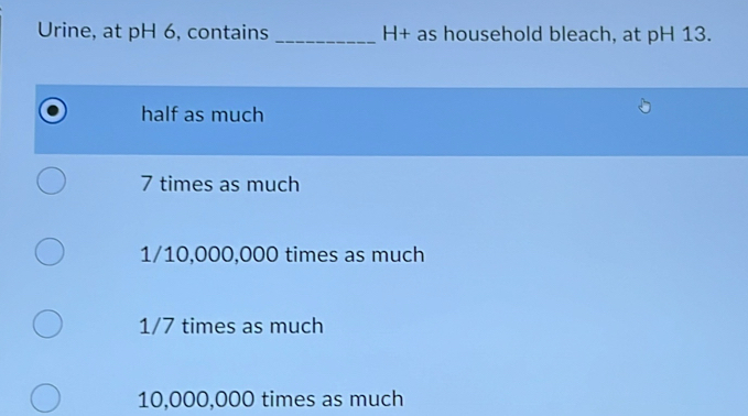 Solved: Urine, at pH 6, contains _H+ as household bleach, at pH 13 ...