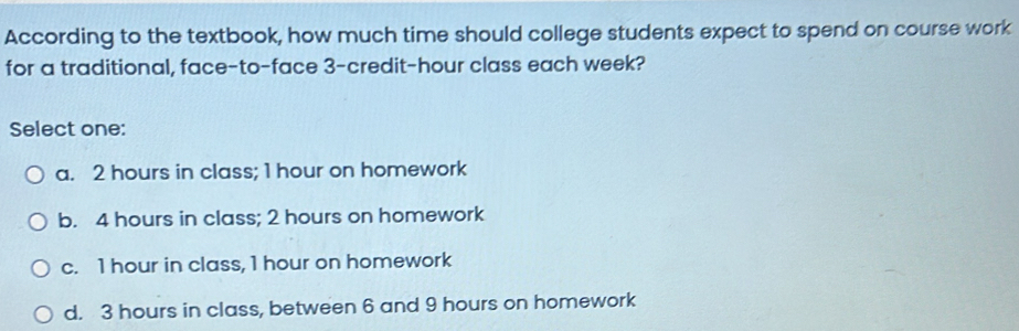 Solved: According to the textbook, how much time should college ...