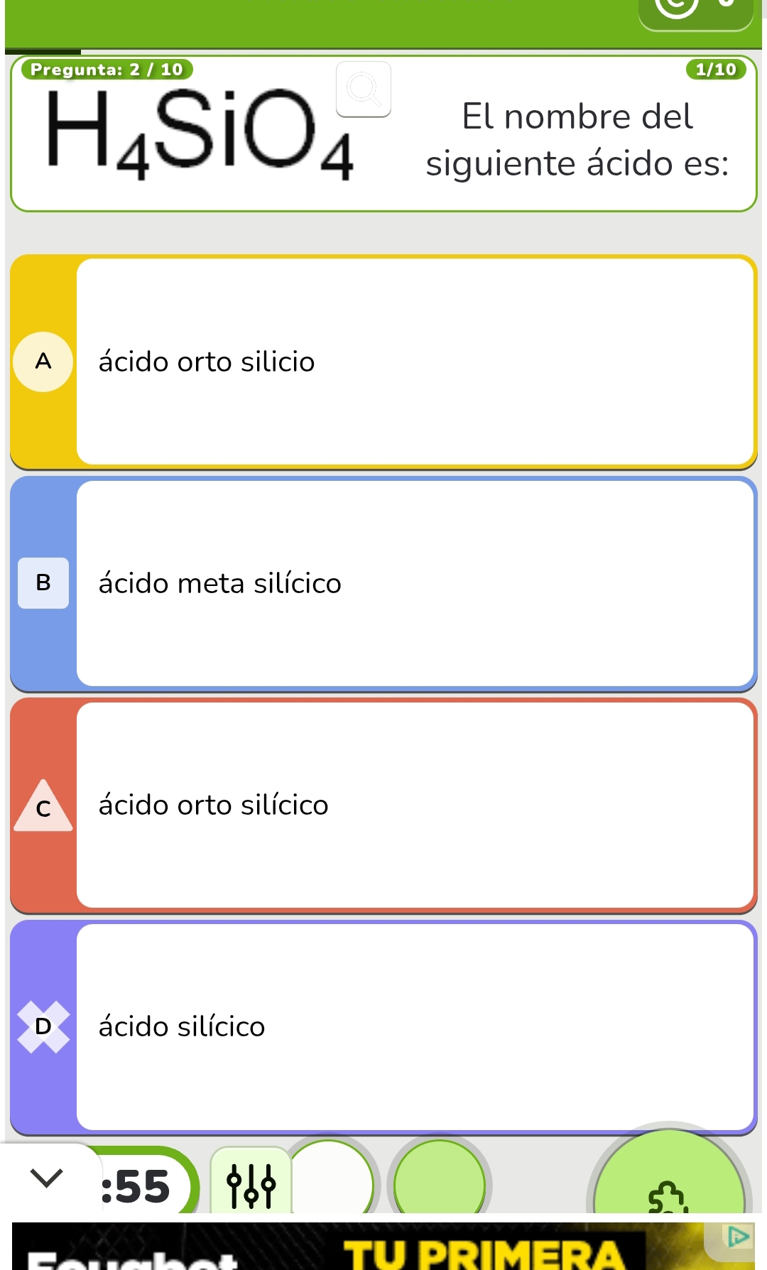 Resuelto:H_4SiO_4 1/10 El nombre del siguiente ácido es: A ácido orto ...