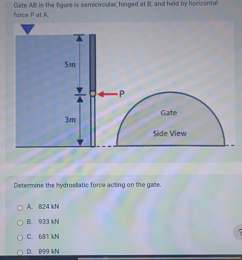 Solved: Gate AB in the figure is semicircular, hinged at B, and held by horizontal force P at A ...