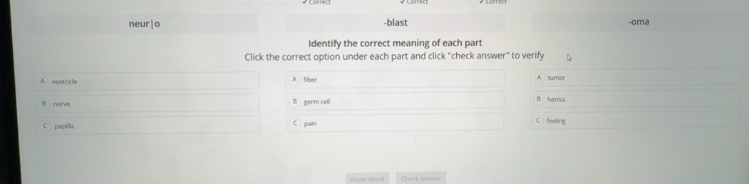 Solved: neur|o -blast -oma Identify the correct meaning of each part ...