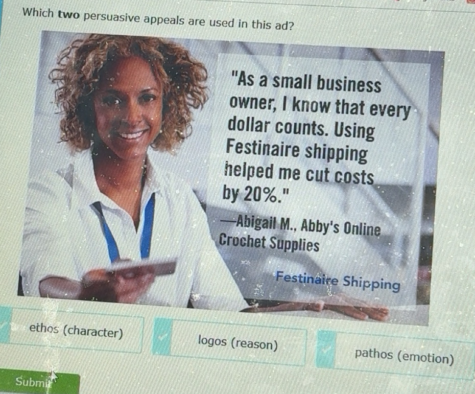 Gelöst:Which two persuasive appeals are used in this ad? ethos ...
