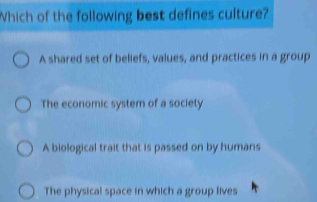 Solved: Which of the following best defines culture? A shared set of beliefs, values, and ...