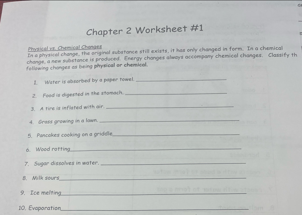 Solved: a Chapter 2 Worksheet #1 2 Physical vs. Chemical Changes In a ...