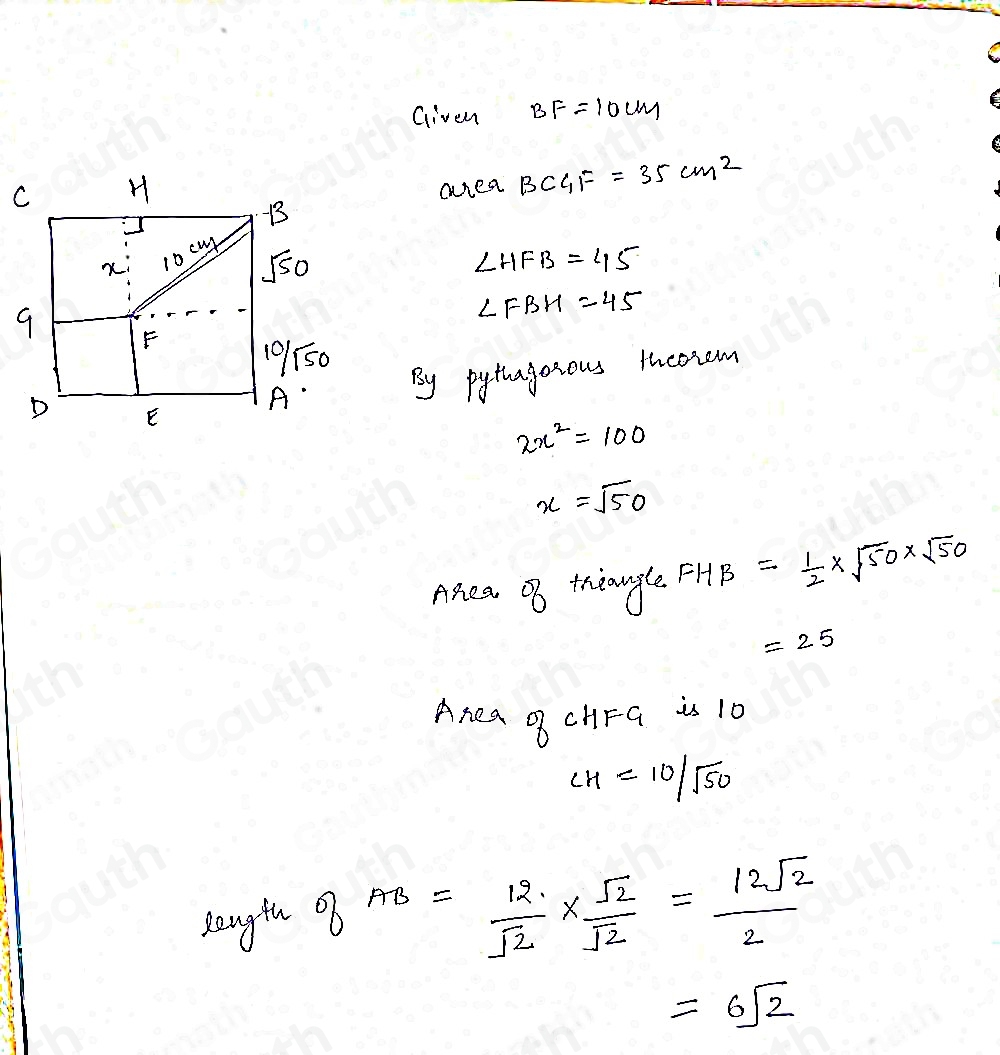 Solved: The diagram shows squares ABCD and EFGD. The length of BF is 10 ...
