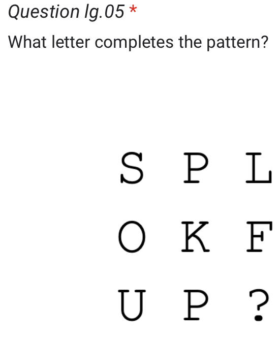 Solved: Question Ig.05 * What letter completes the pattern? S P L K F U ...