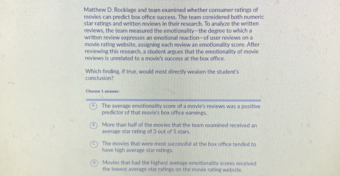 Solved: Matthew D. Rocklage and team examined whether consumer ratings of movies can predict box ...