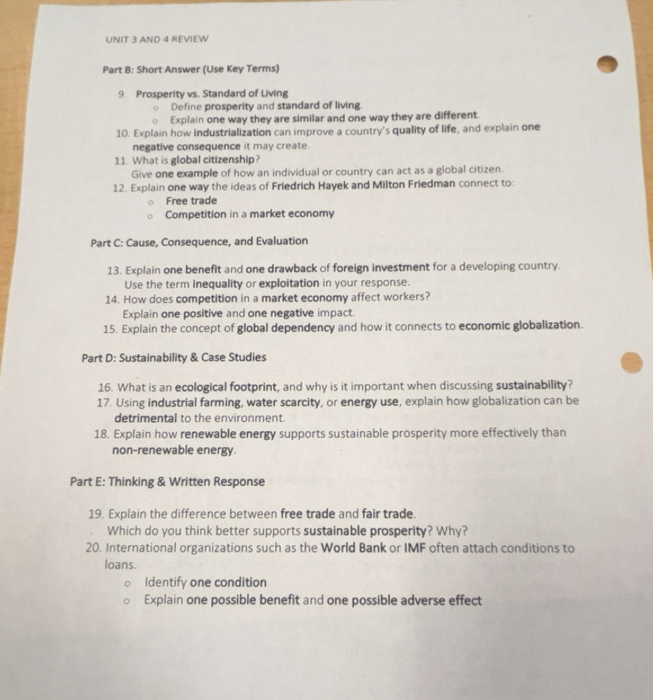 Solved: AND 4 REVIEW Part B: Short Answer (Use Key Terms) 9. Prosperity ...