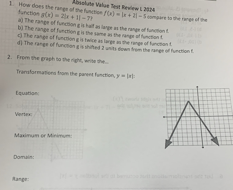 Solved: How does the range of the function Absolute Value Test Review L ...