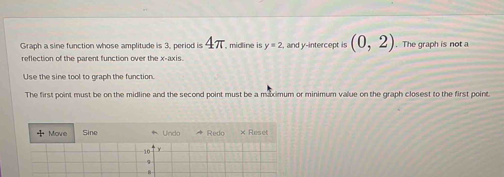 Solved: Graph a sine function whose amplitude is 3, period is 4π, midline is y=2 , and y ...
