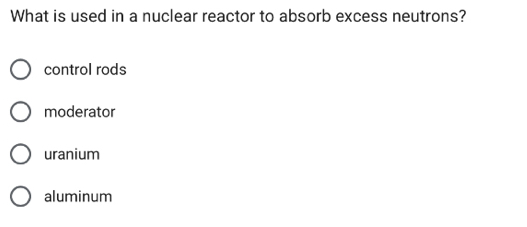 Solved: What is used in a nuclear reactor to absorb excess neutrons ...