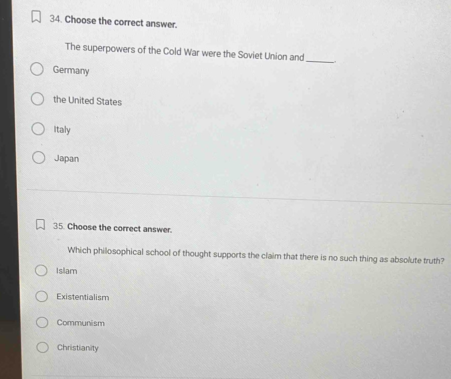 Solved: Choose the correct answer. The superpowers of the Cold War were ...
