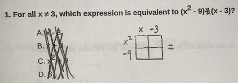 Solved: For all x!= 3 , which expression is equivalent to (x^2-9)*(x-3 ...