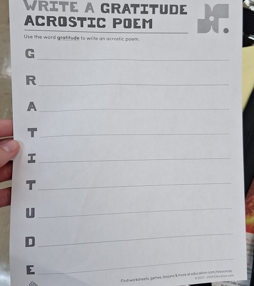 Solved: WRITE A GRATITUDE ACROSTIC POEM Use the word gratitude to write ...