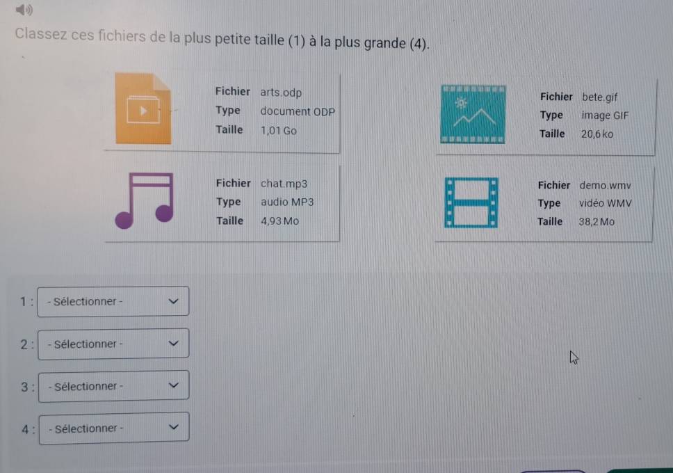 Solved: Classez ces fichiers de la plus petite taille (1) à la plus grande (4). Fichier arts.odp ...