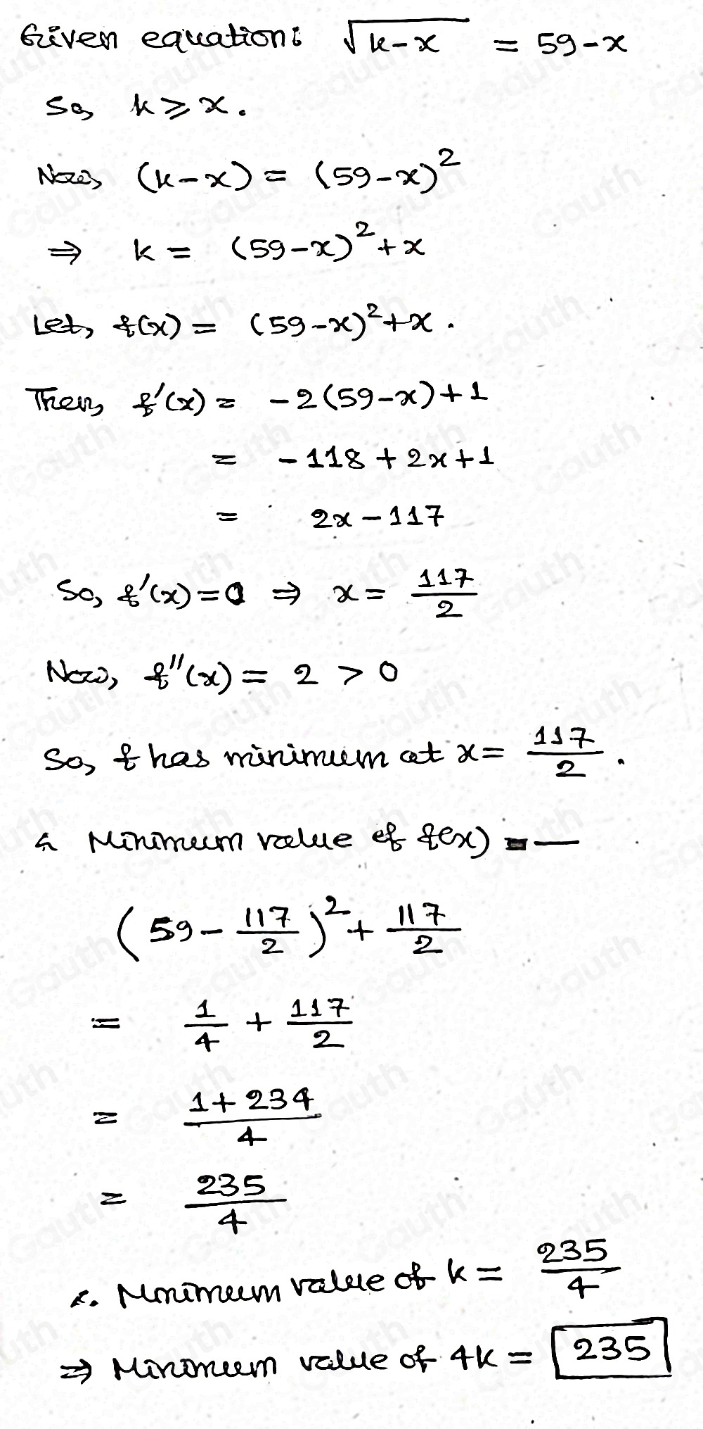 Solved: sqrt(k-x)=59-x In the given equation, k is a constant. The ...
