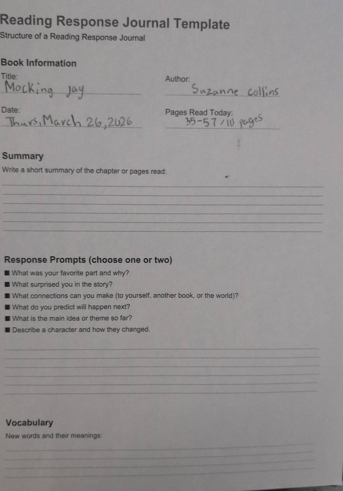 Solved: Reading Response Journal Template Structure of a Reading ...