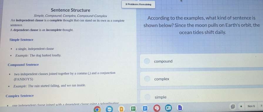 Solved: Problems Remaining Sentence Structure Simple, Compound, Complex ...
