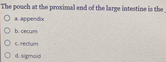 Solved: The pouch at the proximal end of the large intestine is the_ a ...
