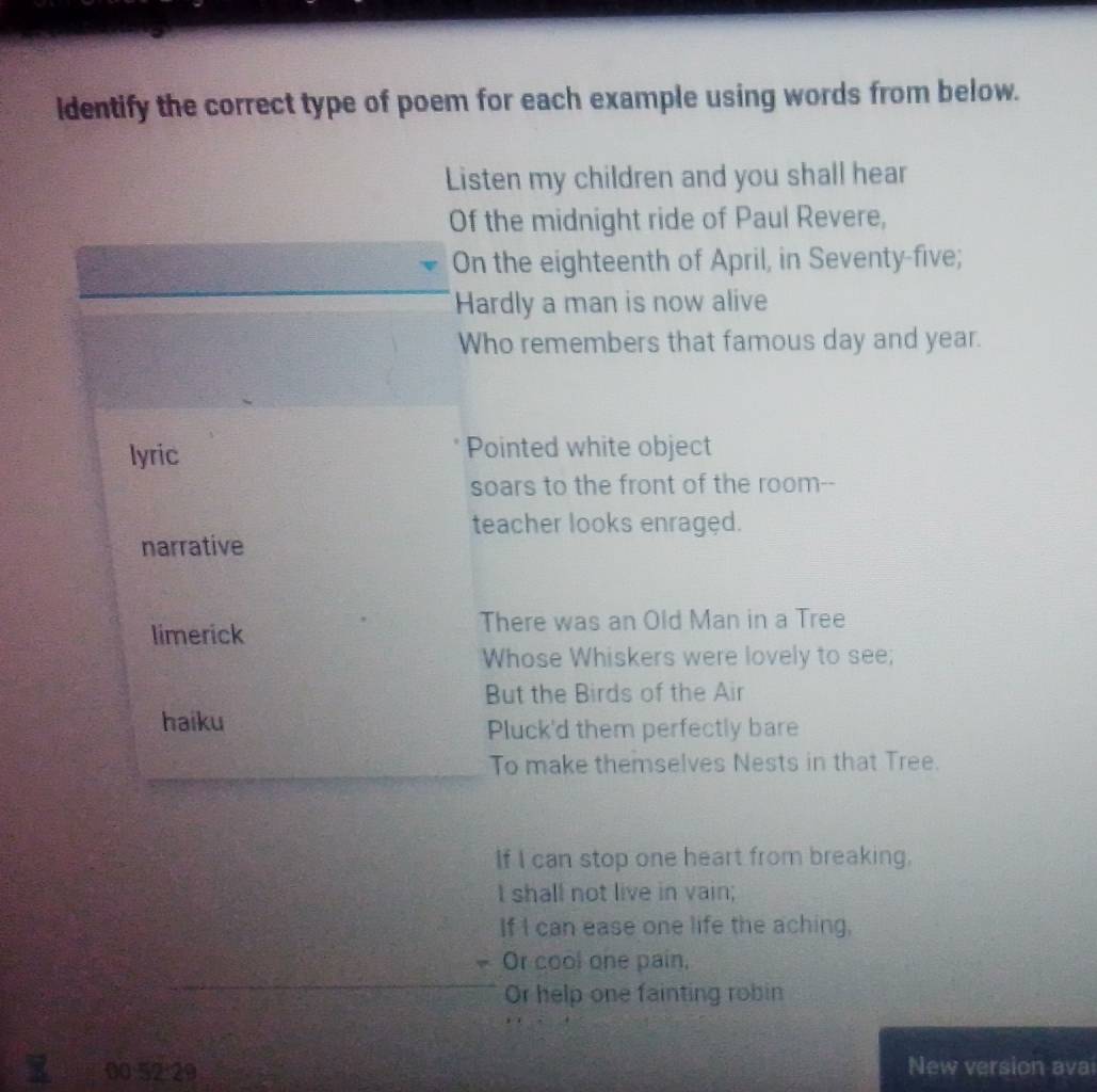 Resuelto:ldentify the correct type of poem for each example using words ...