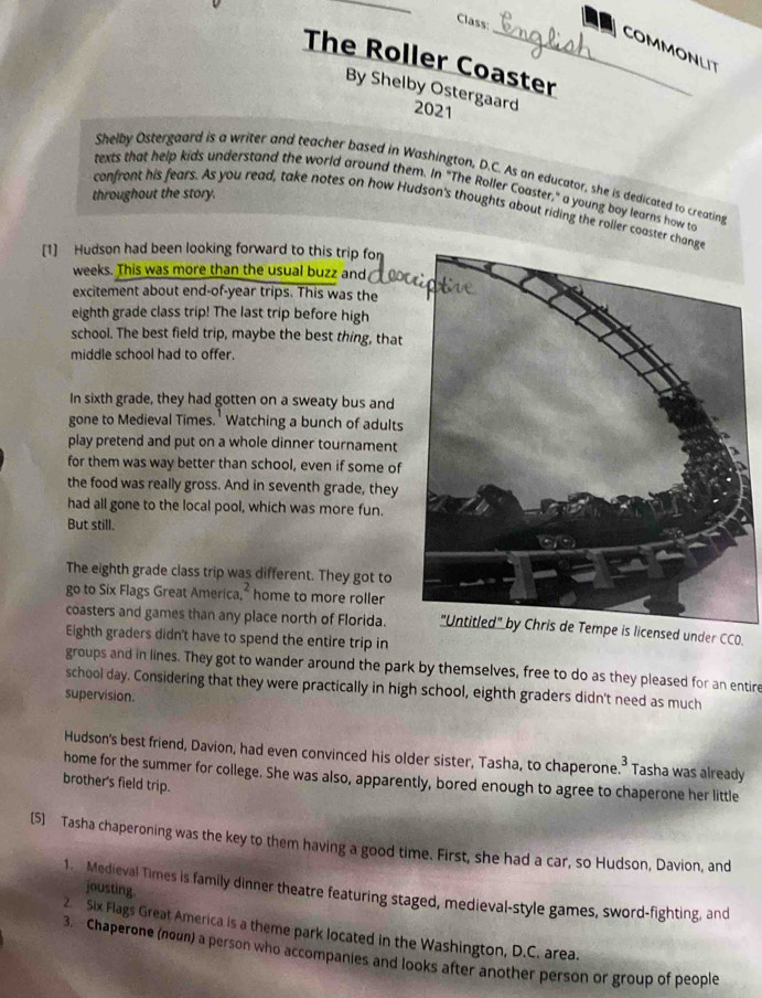 Solved: Class: COMMONLIT The Roller Coaster By Shelby Ostergaard 2021 ...